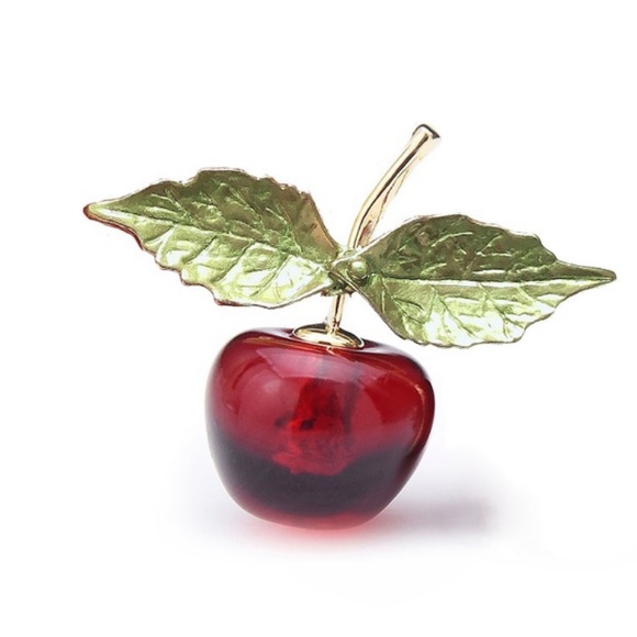 None | Jewelry | Red Transparent Cherry Metal Alloy Leaves Brooch Nwt ...